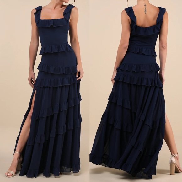 Lulus | Dresses | Nwot Compelling Romantic Dark Blue Ruffled Tiered ...